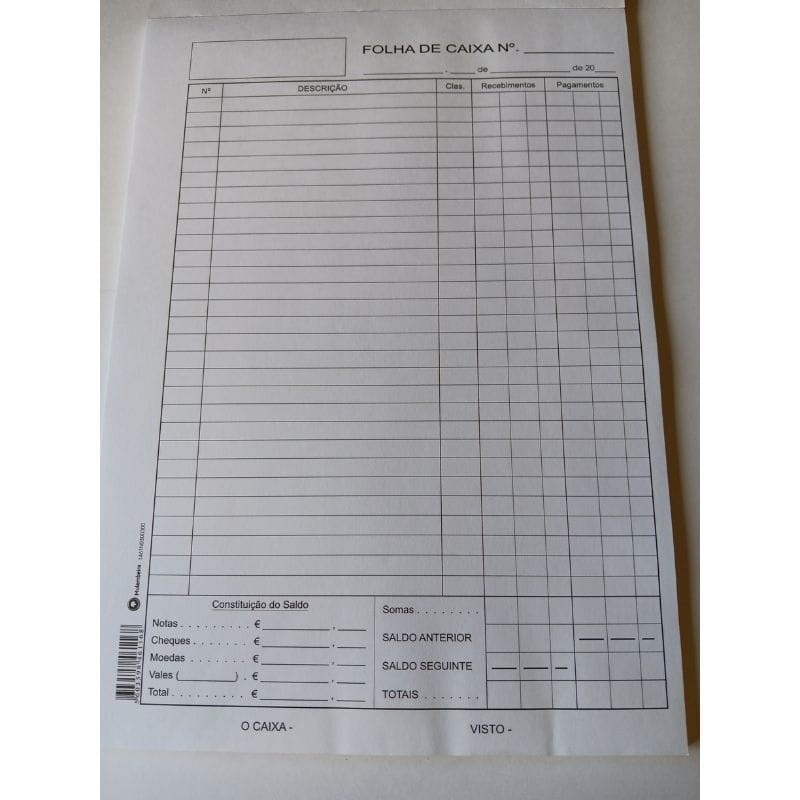 Folha de Caixa A4 - Bloco 50 Folhas para Registo de Movimentos
